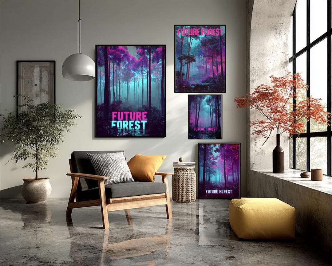 Retro Futuristic Forest Vaporwave Poster Neon Surreal Landscape ...