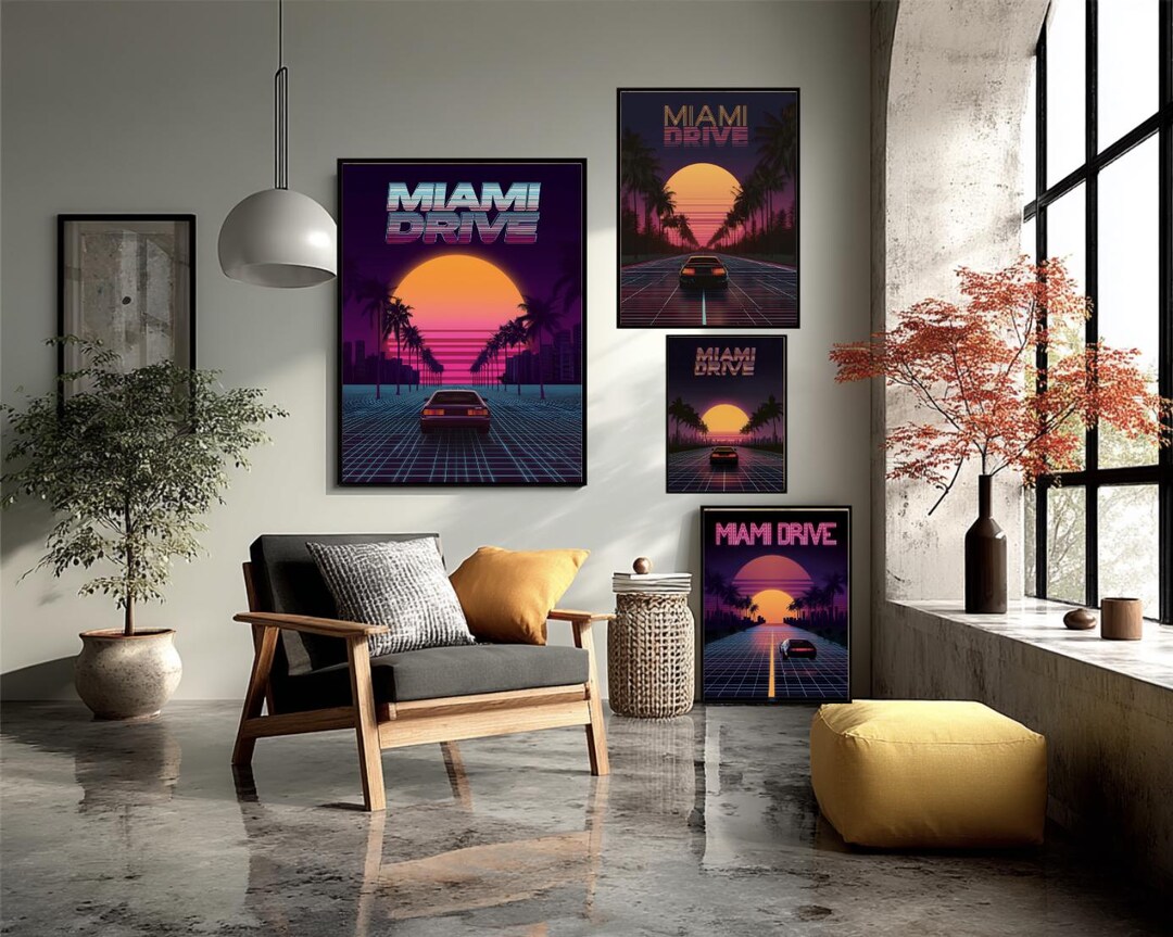 Miami Synthwave Retro Poster – 80s Vaporwave Grid Road With Neon Sun ...