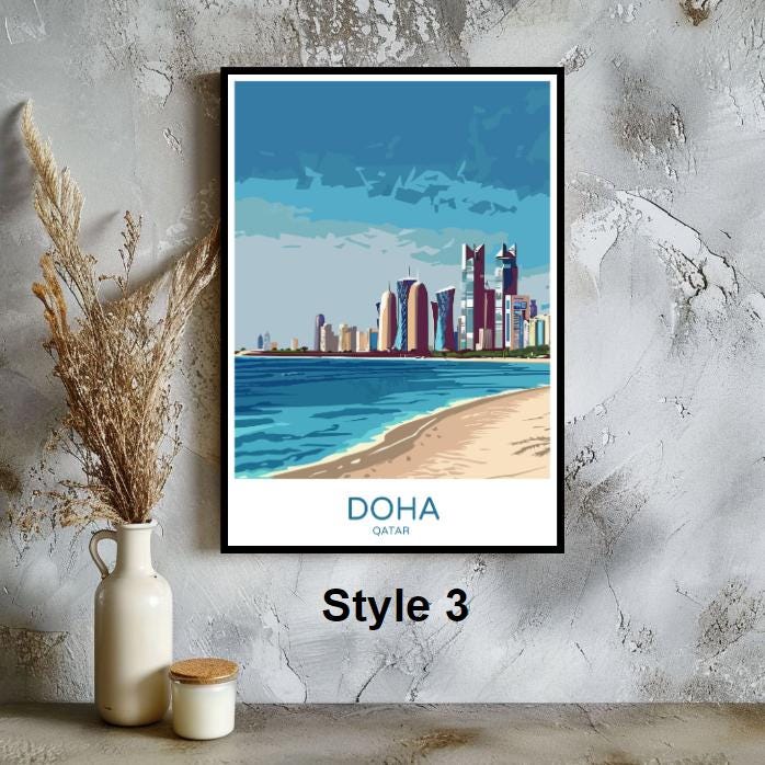 Doha Skyline Qatar Poster Travel Print Doha Persian Gulf Sunset Wall ...