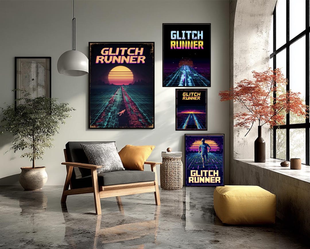 Glitch Runner Retro Gaming Poster – 80s Pixel Style, Neon Maze, Glitch ...
