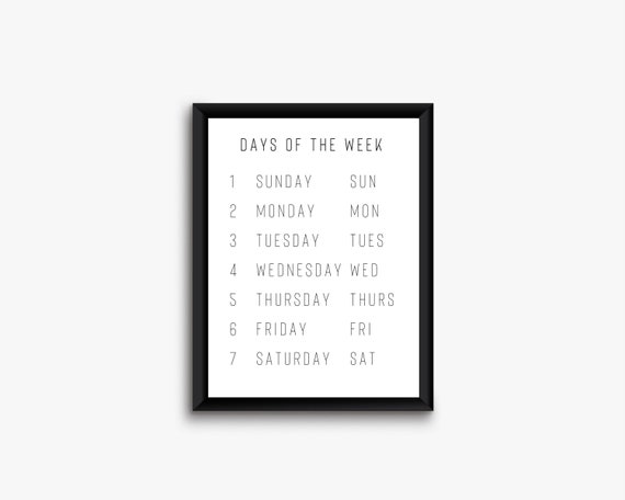 Days of the Week Printable Wall Art Homeschool Resource - Etsy