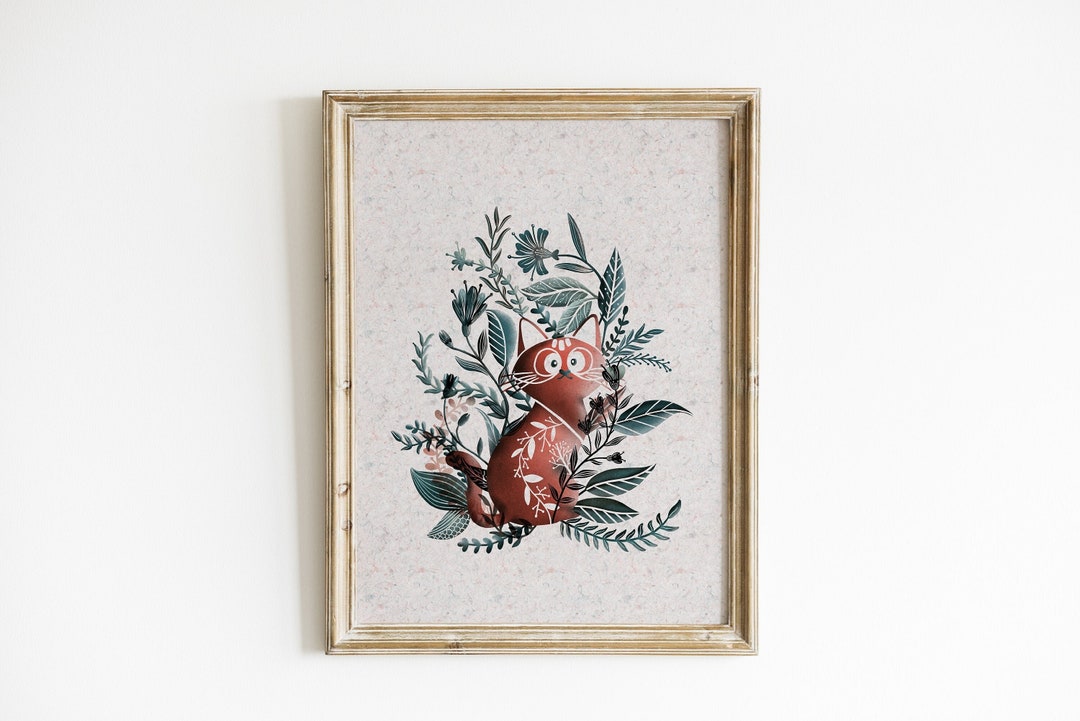Red Cat Folk Art Print, Vintage Style Wall Decor - Etsy