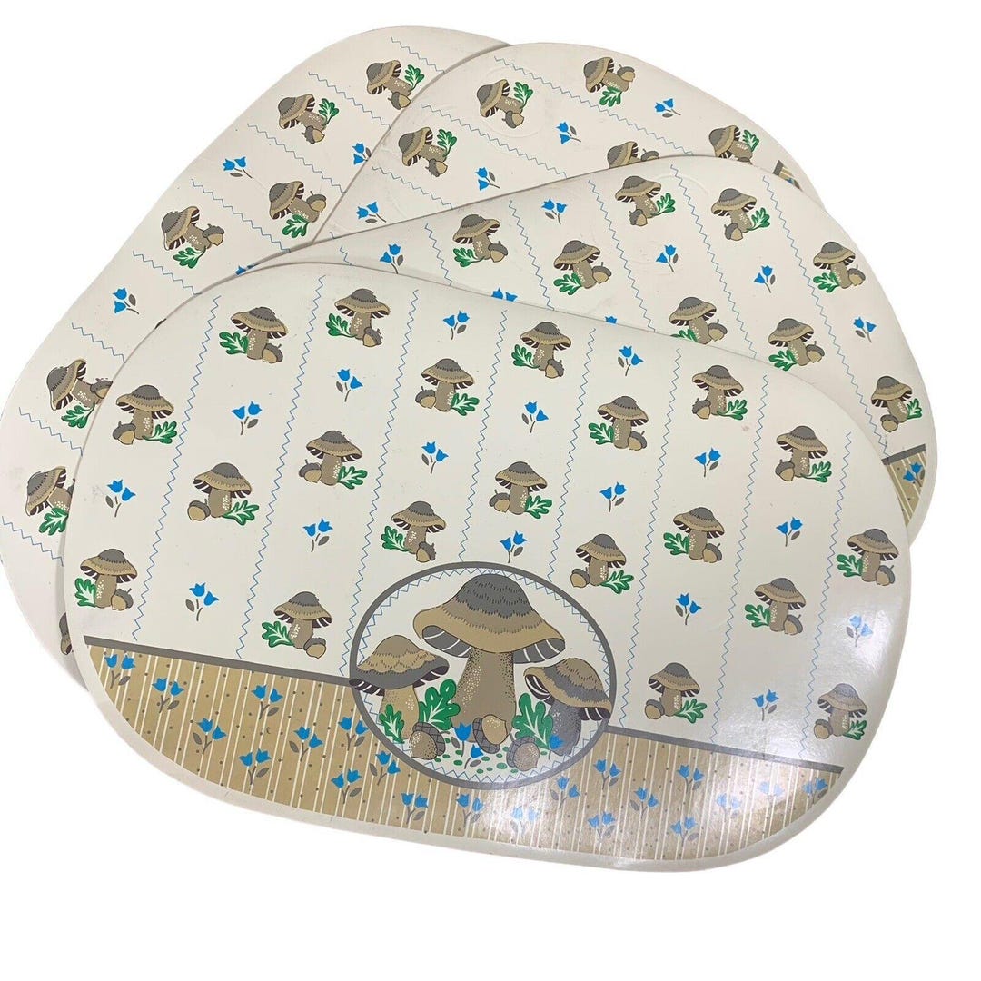 Vintage Mushroom Vinyl Placemat Set of 4 Brown Blue Cottagecore Home ...