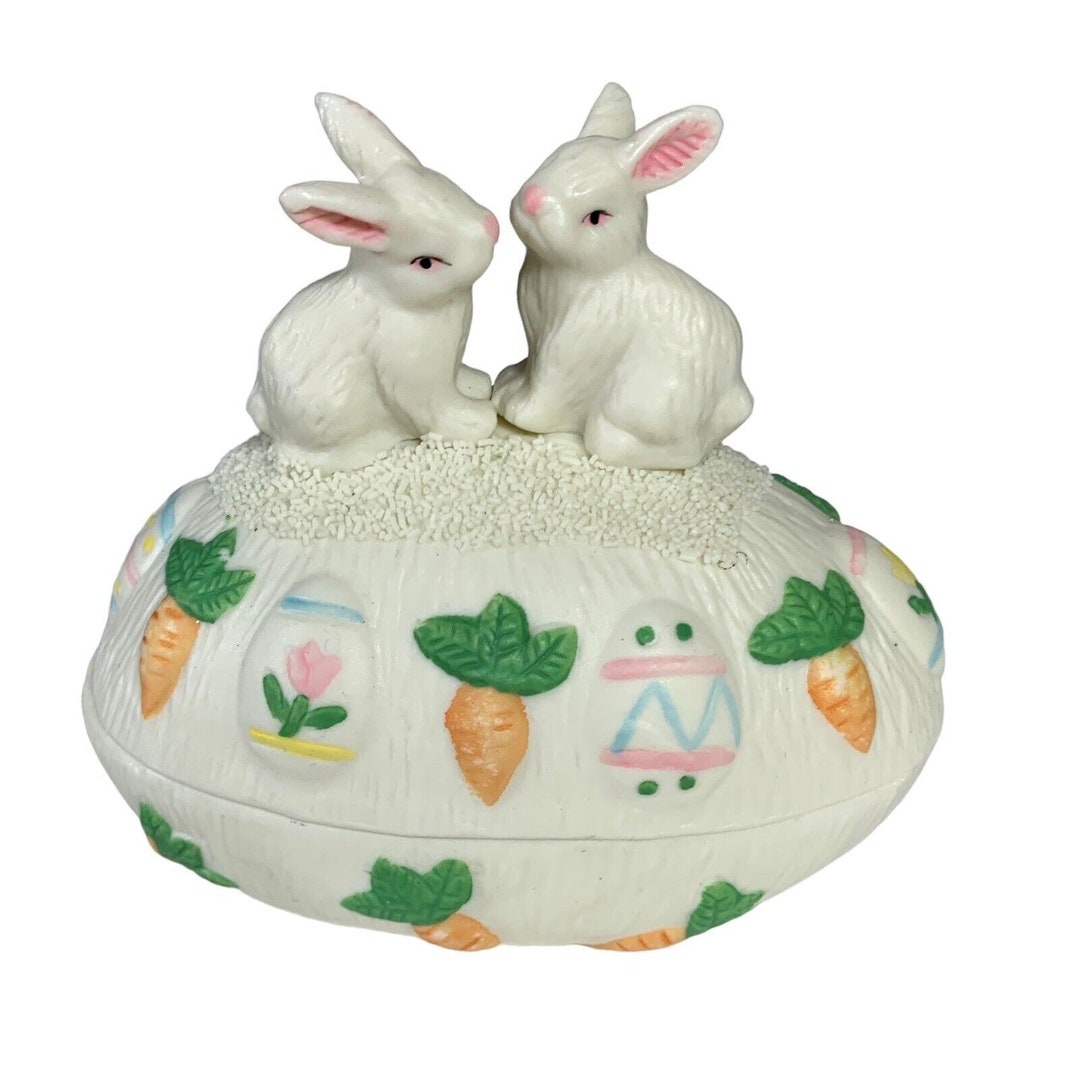 Vintage Trinket Box Easter Egg Shaped Bunny Rabbit Top 4 Tall Ceramic ...