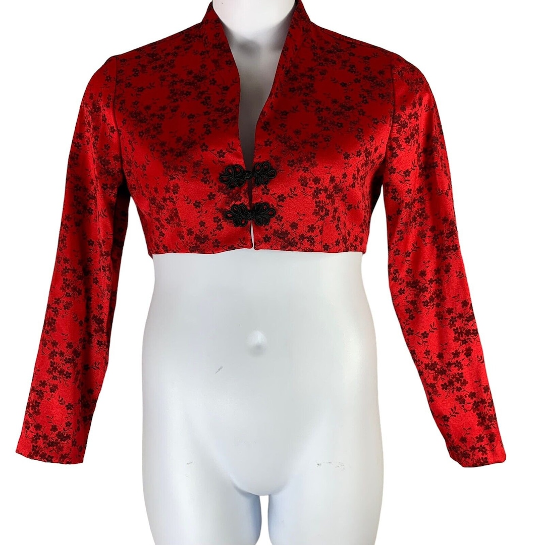 Vintage Shrug Jacket Frog Button Front Red Black Floral Jacquard 5/6 ...