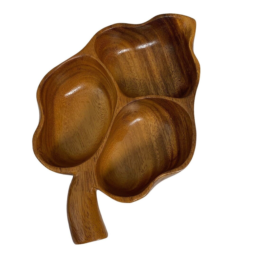 Vintage Monkey Pod Dish Woods of Hawaii 3 Compartment Leaf Shaped Bowl ...