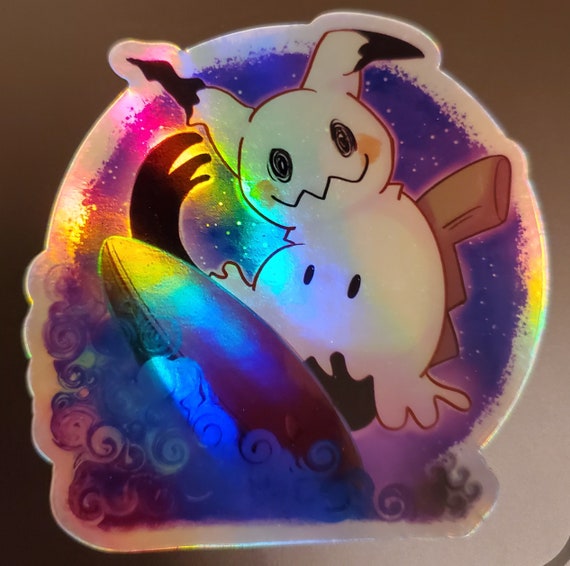 Surfing Mimikyu Holographic Sticker 3x3 | Etsy