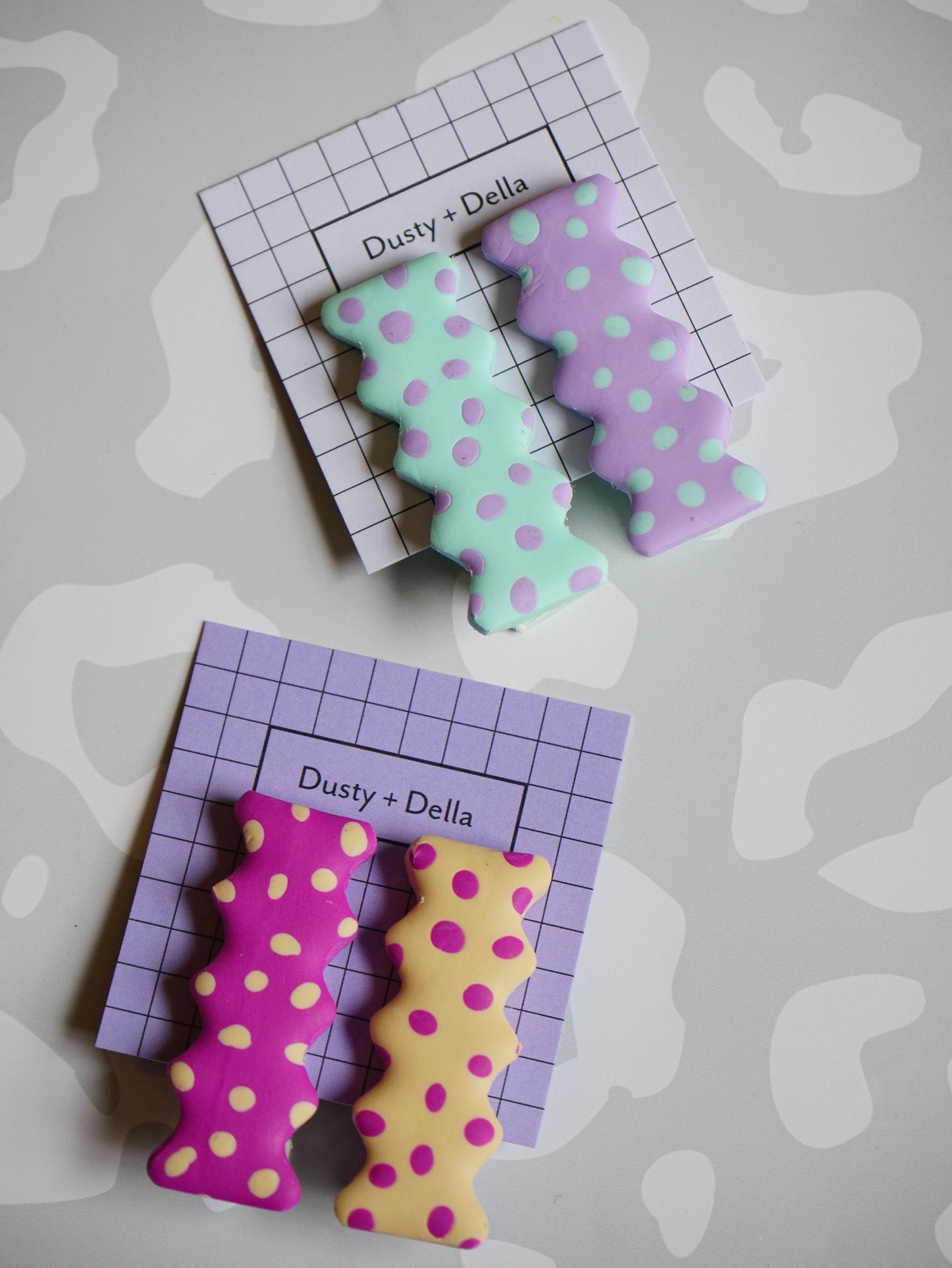Mauve and yellow polkadot clay squiggle hair slides | Etsy