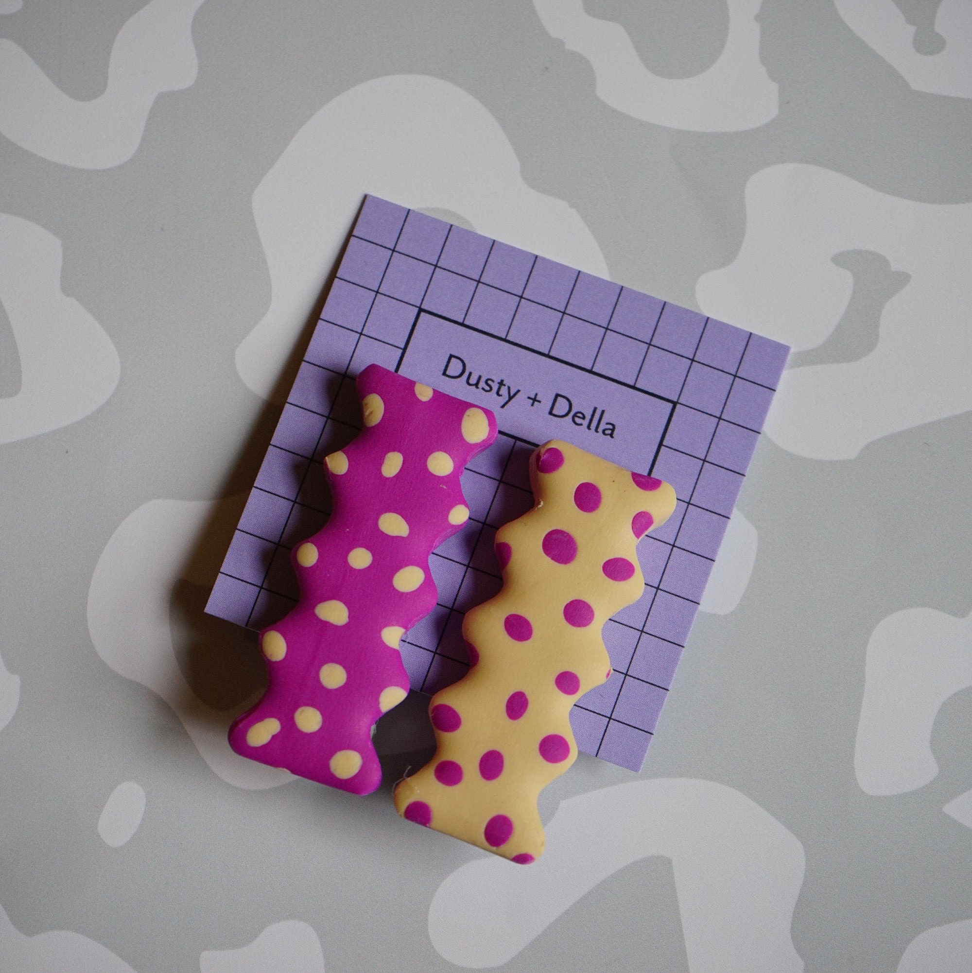 Mauve and yellow polkadot clay squiggle hair slides | Etsy