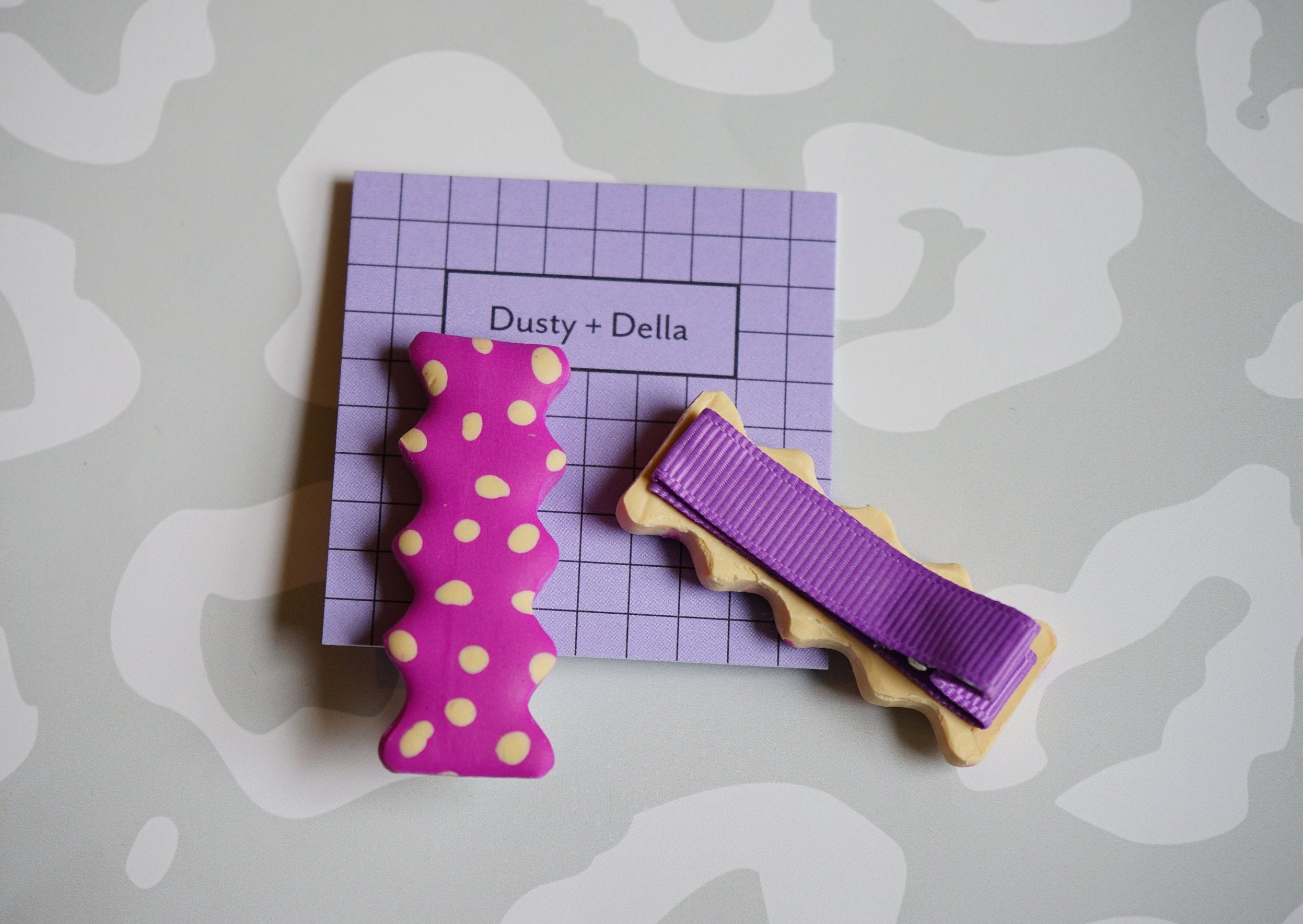 Mauve and yellow polkadot clay squiggle hair slides | Etsy