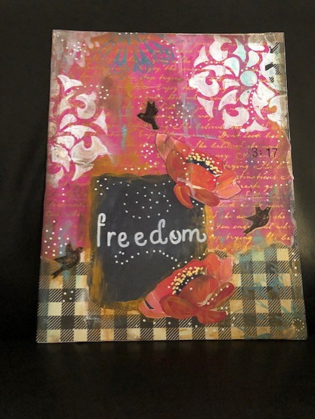 Freedom, Multimedia Art on Canvas Board, Pinks, Black, Checkered. One ...