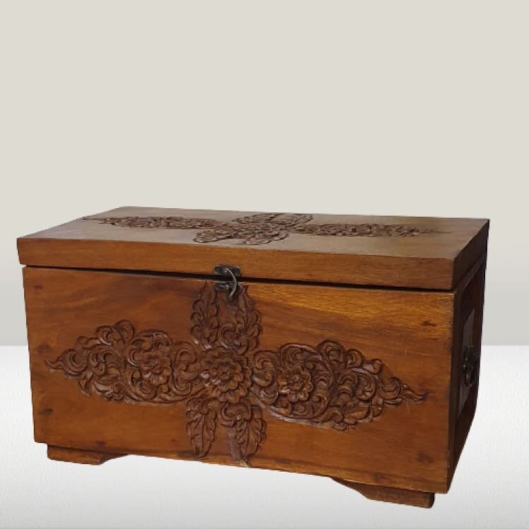 Hand Carved Large Wooden Ornate Chest With Latch and Handles. Wooden ...