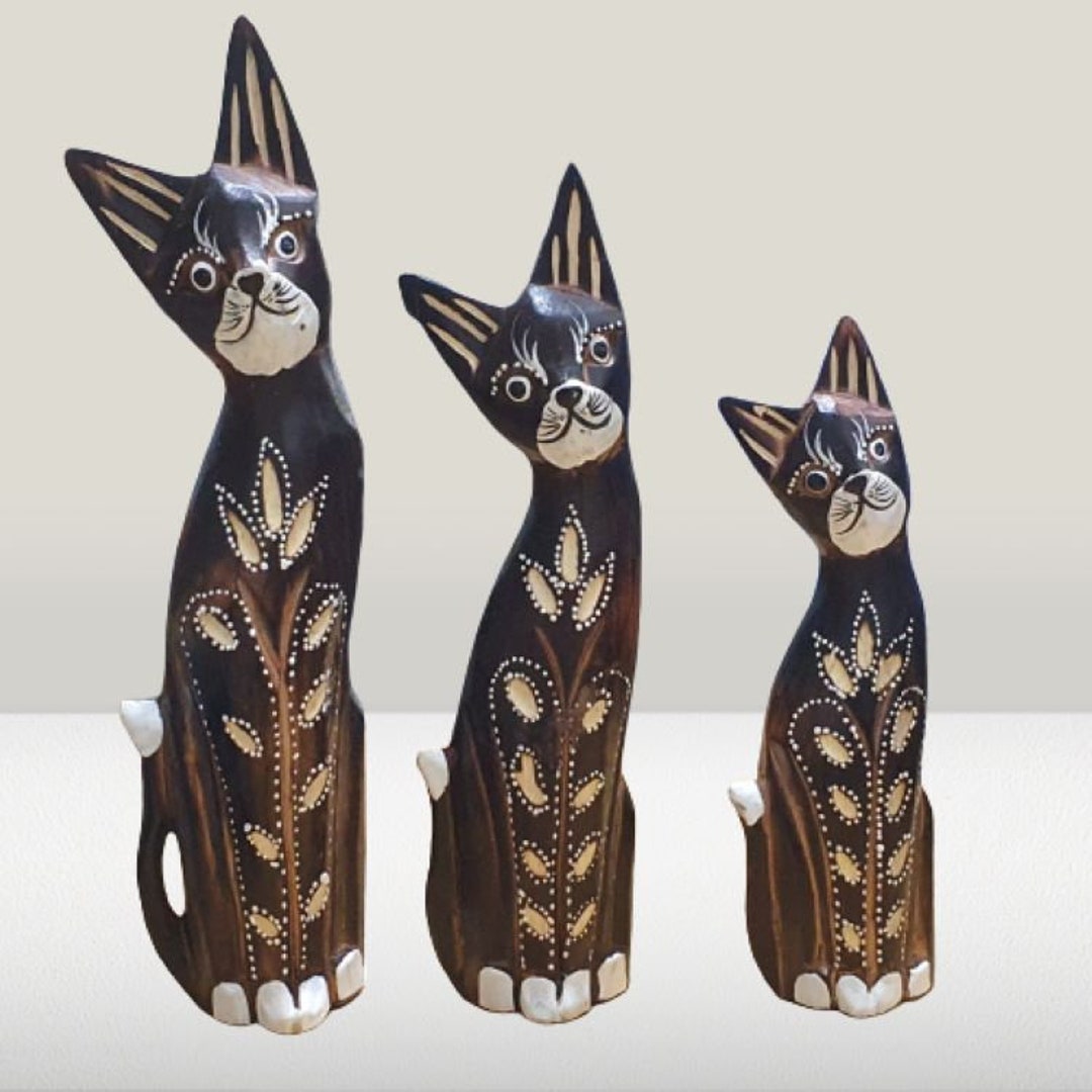 Set of 3 Hand Carved Wooden Cats, Carved Out and Hand Painted Petal ...