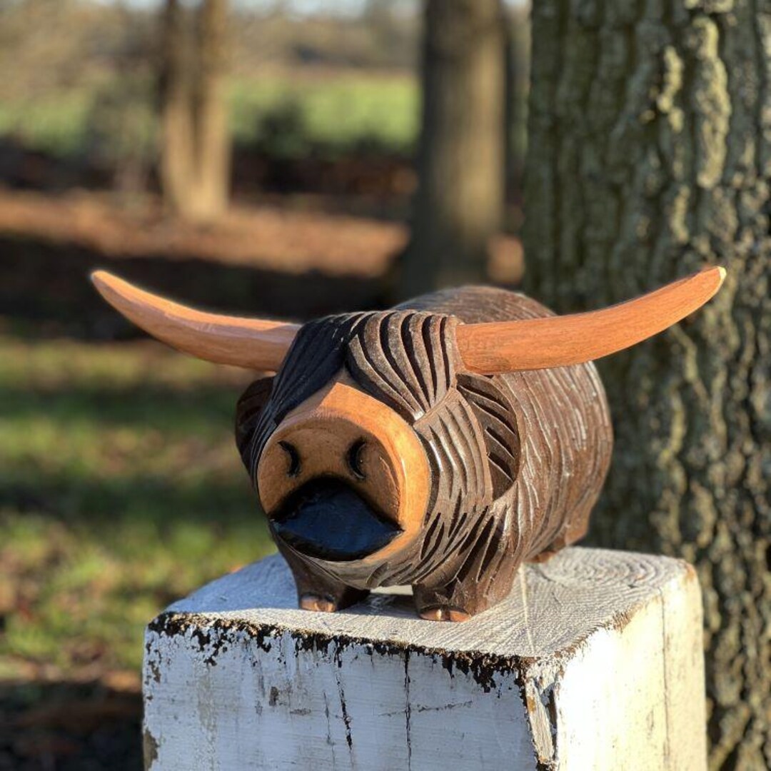 New Hand Carved Wooden Mchughy the Highland Cow - Short Sculpture. Cow ...