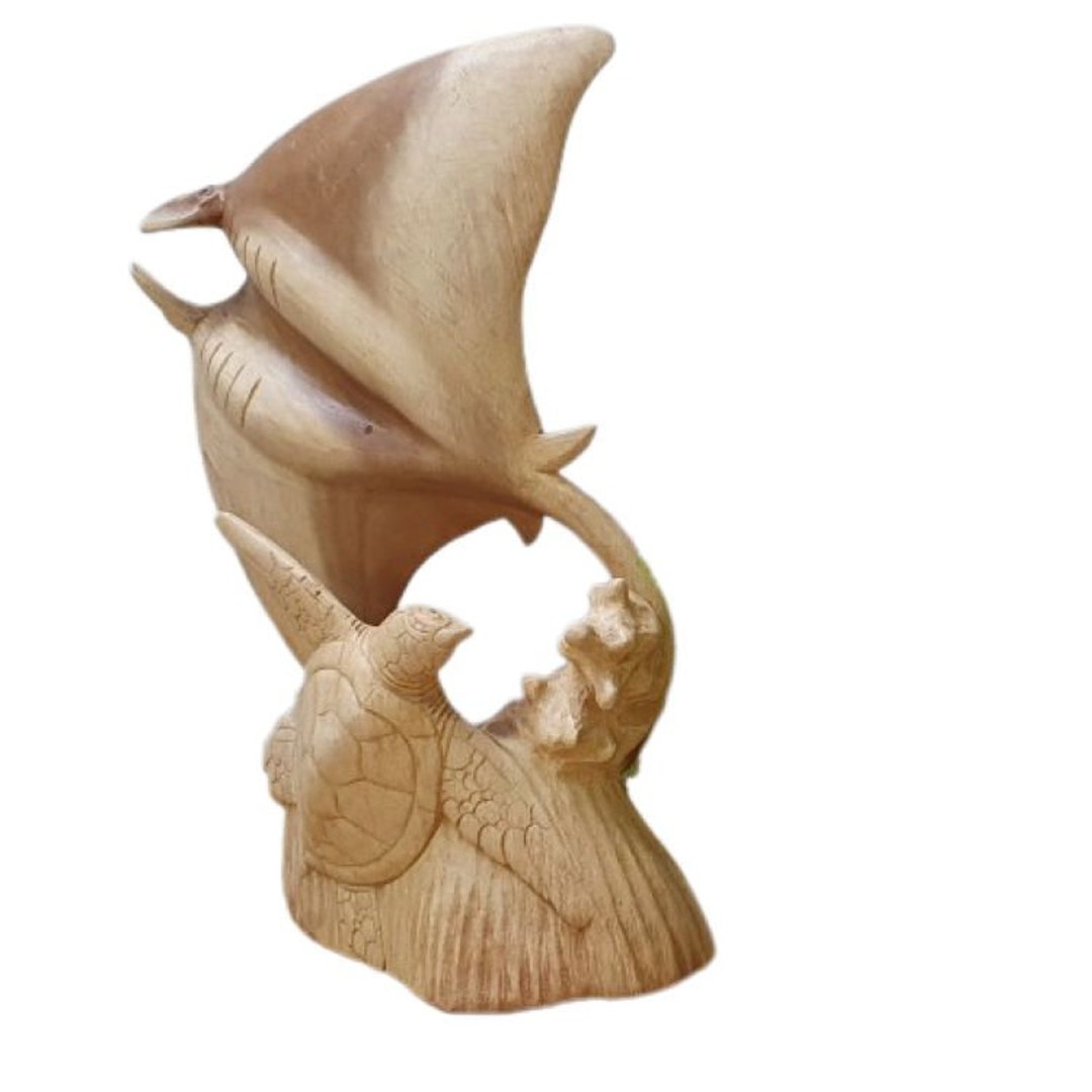 Hand Carved Sting Ray and Turtle Statue, Suar Wood Sculpture, Marine ...