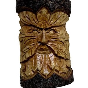 Hand Carved Wooden Green Man Wall Plaque Log Statue Half Log - Various ...