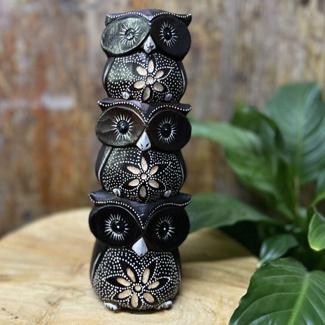 Hand Carved Wooden Owl Stack, Brown Owls With a Painted Spots and a ...