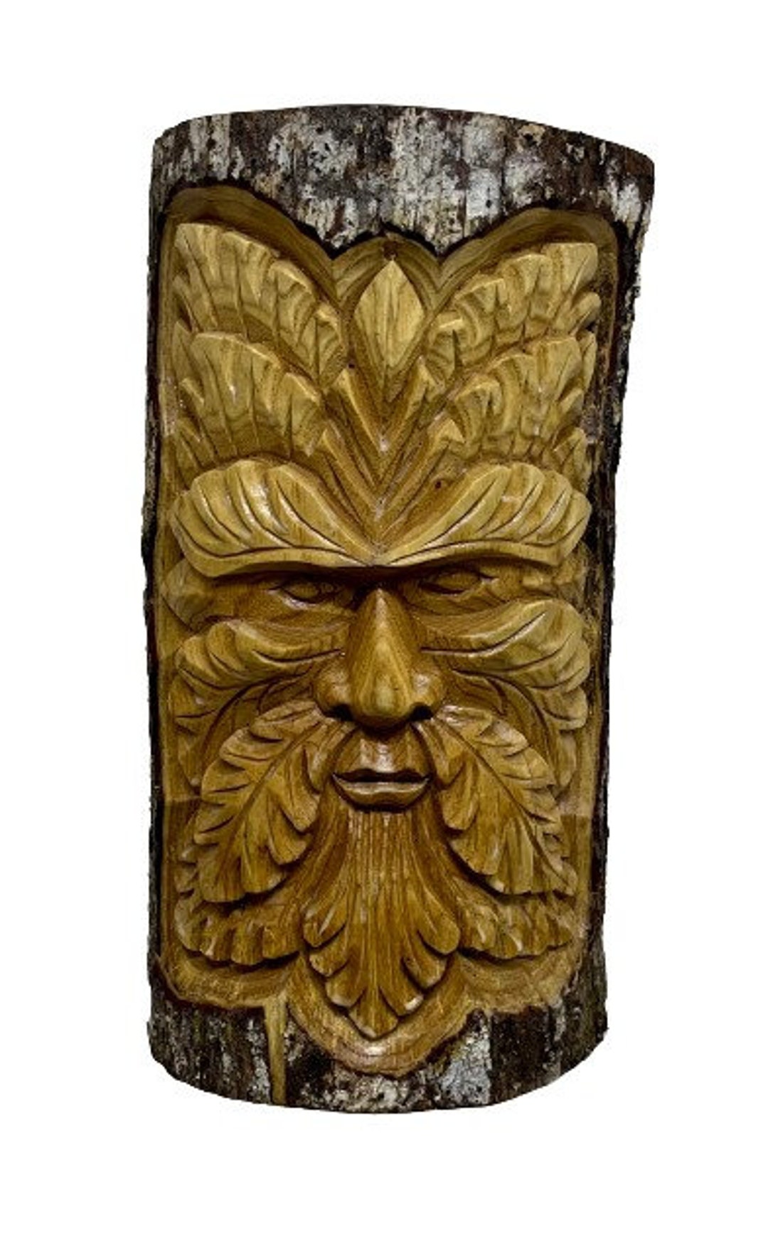 Hand Carved Wooden Green Man Wall Plaque Log Statue Half Log - Various ...