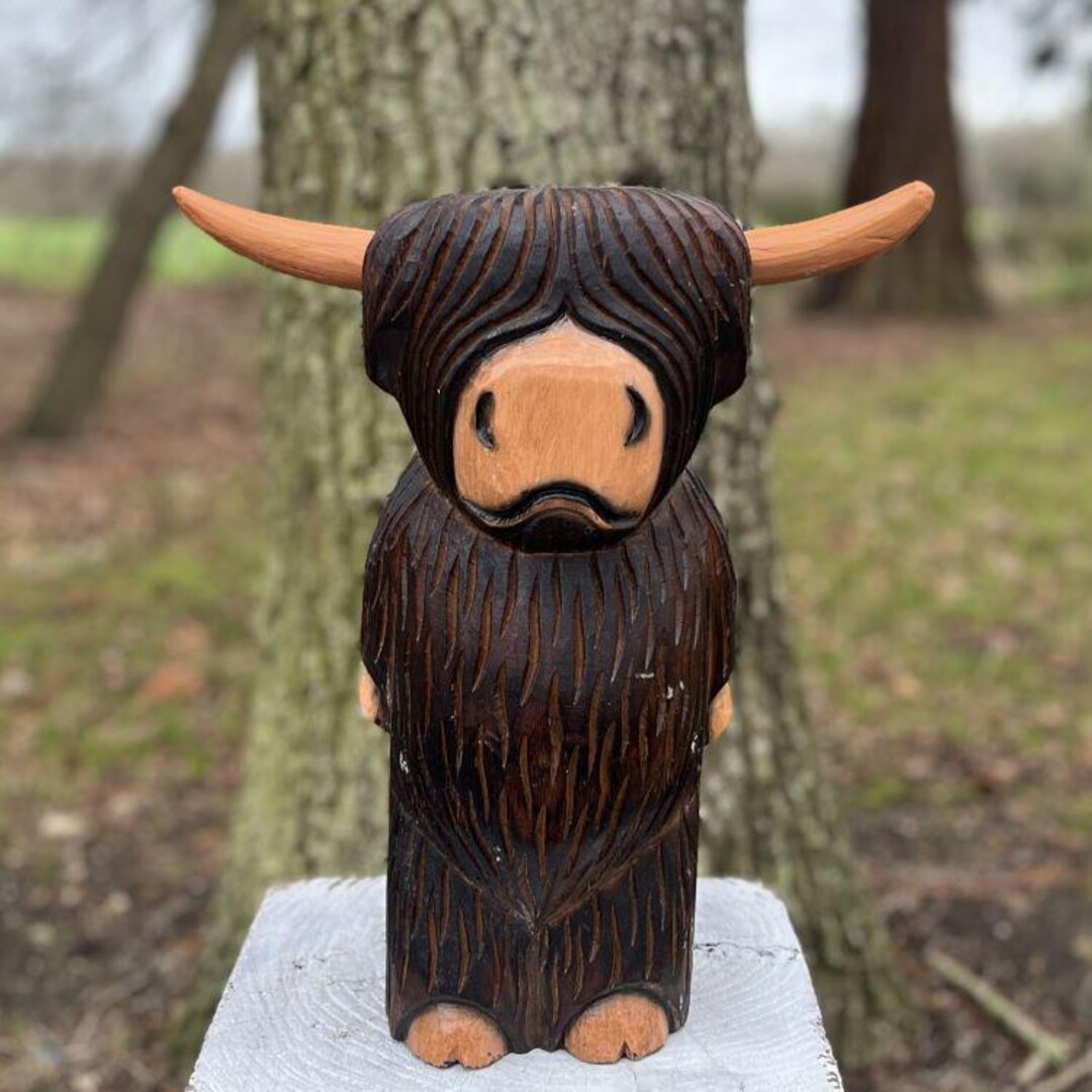 New Hand Carved Wooden Hank the Highland Cow Sculpture. Cow Ornament ...