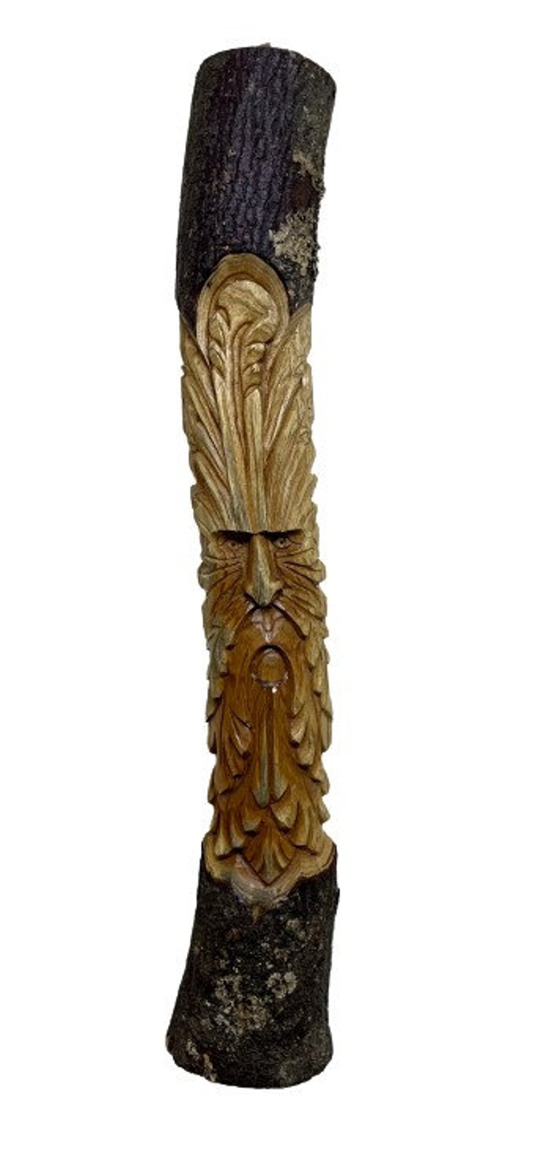 Hand Carved Wooden Green Man 1m Wall Plaque Half Log Statue. Rustic ...