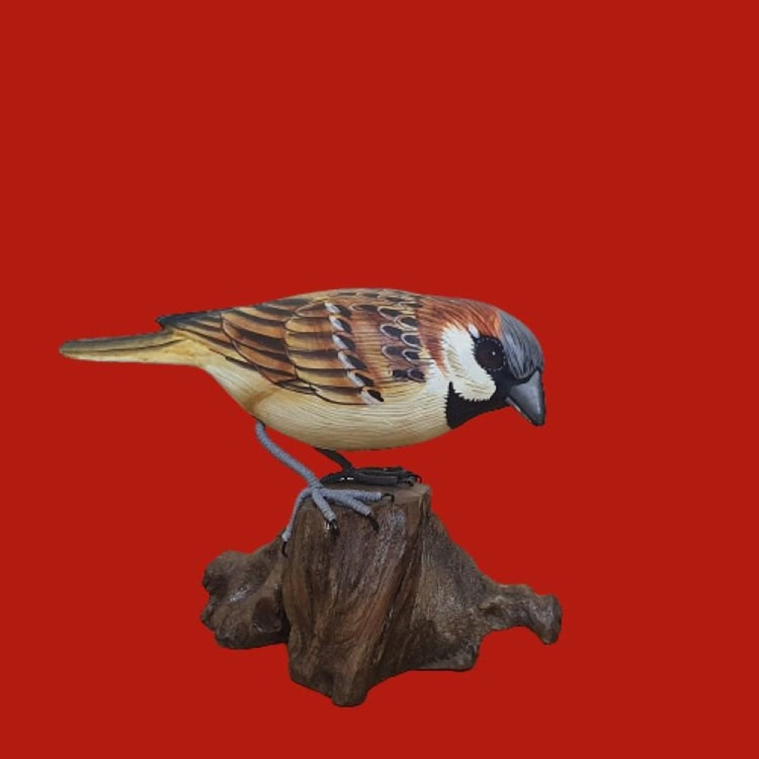 Hand Carved and Hand Painted Sparrow Ornament Statue on Wood (2-8 ...