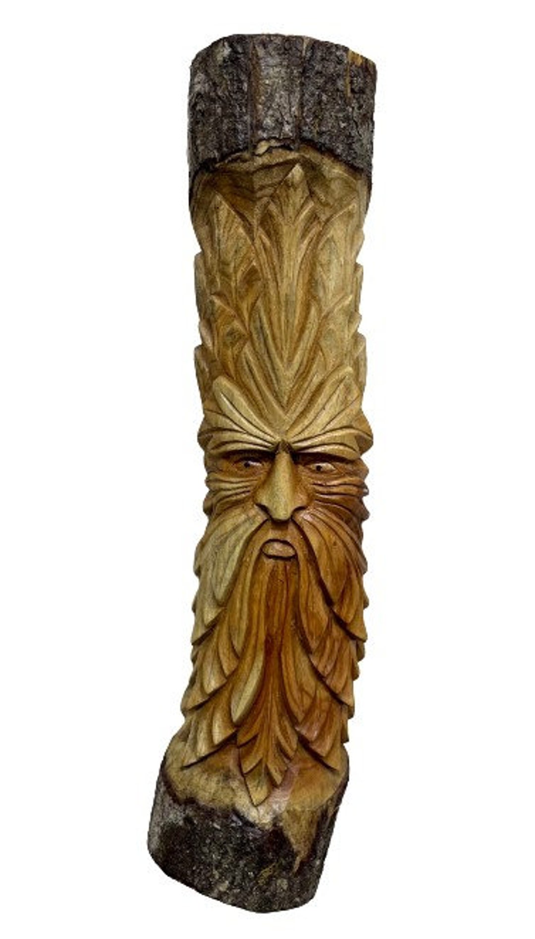 Hand Carved Wooden Green Man 50cm Wall Plaque Half Log Statue. Rustic ...