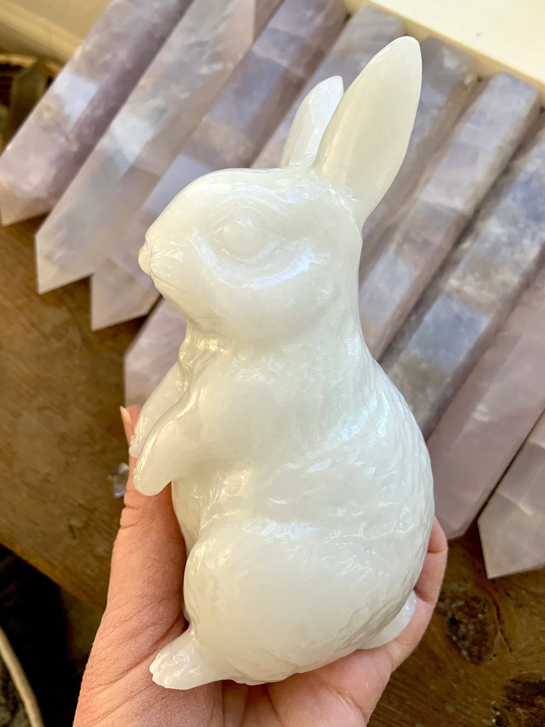 White Jade Bunny Carving, Easter Bunny Figurine, Crystal Rabbit, Jade ...