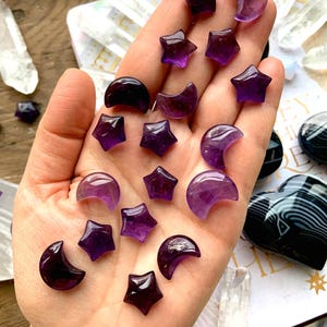 Amethyst Moon and Stars, Mini Crystal Star Carvings, Crescent Moon ...
