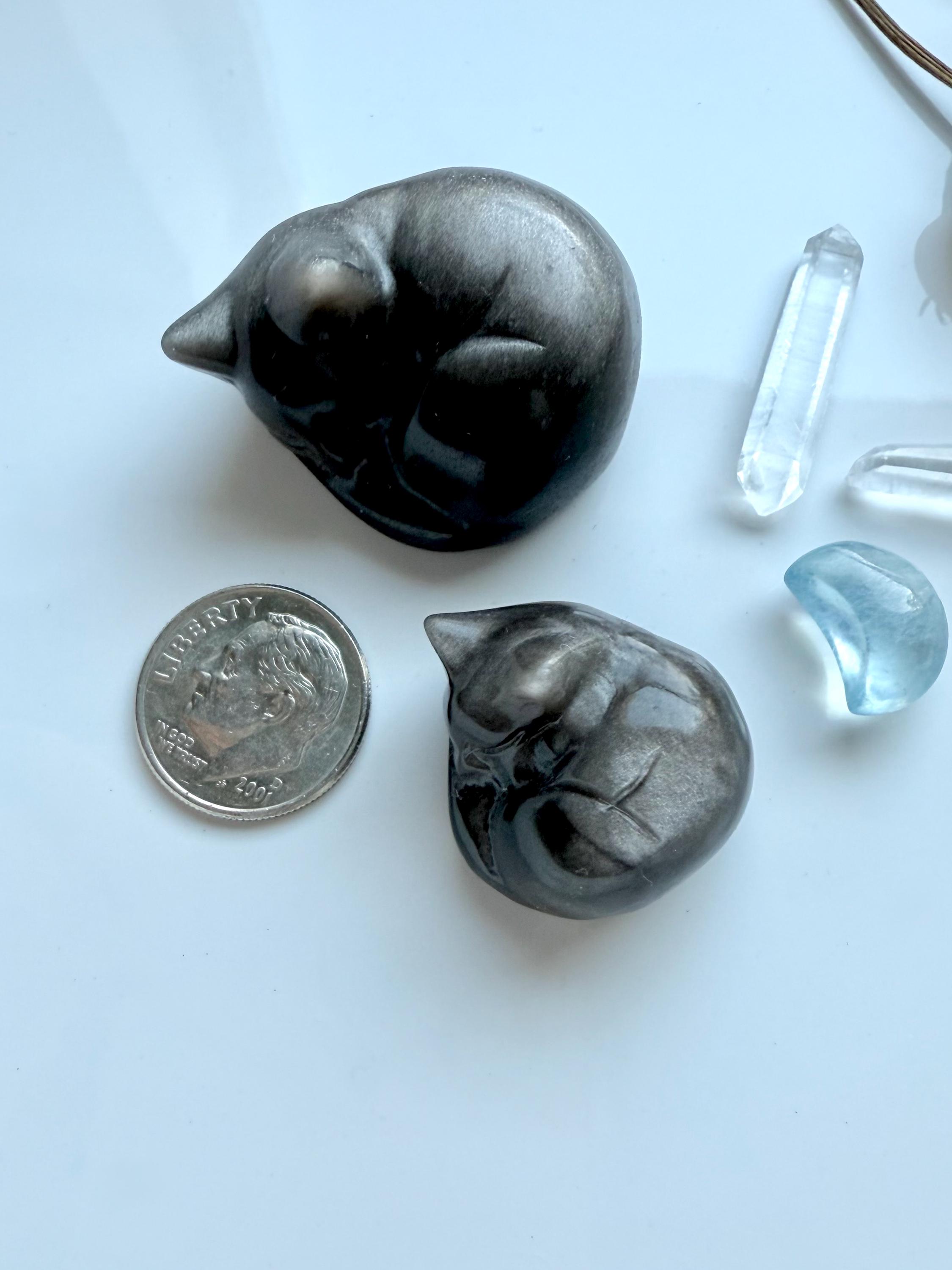 Silver Sheen Obsidian Cat for Energetic Protection, Mini Crystal Kitty ...