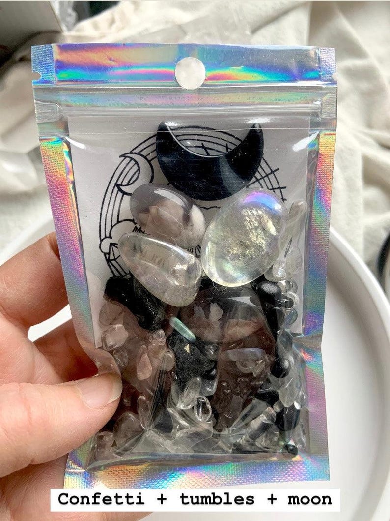 Moon Phase Crystal Confetti Gift Set With Black Obsidian Crescent Moon ...