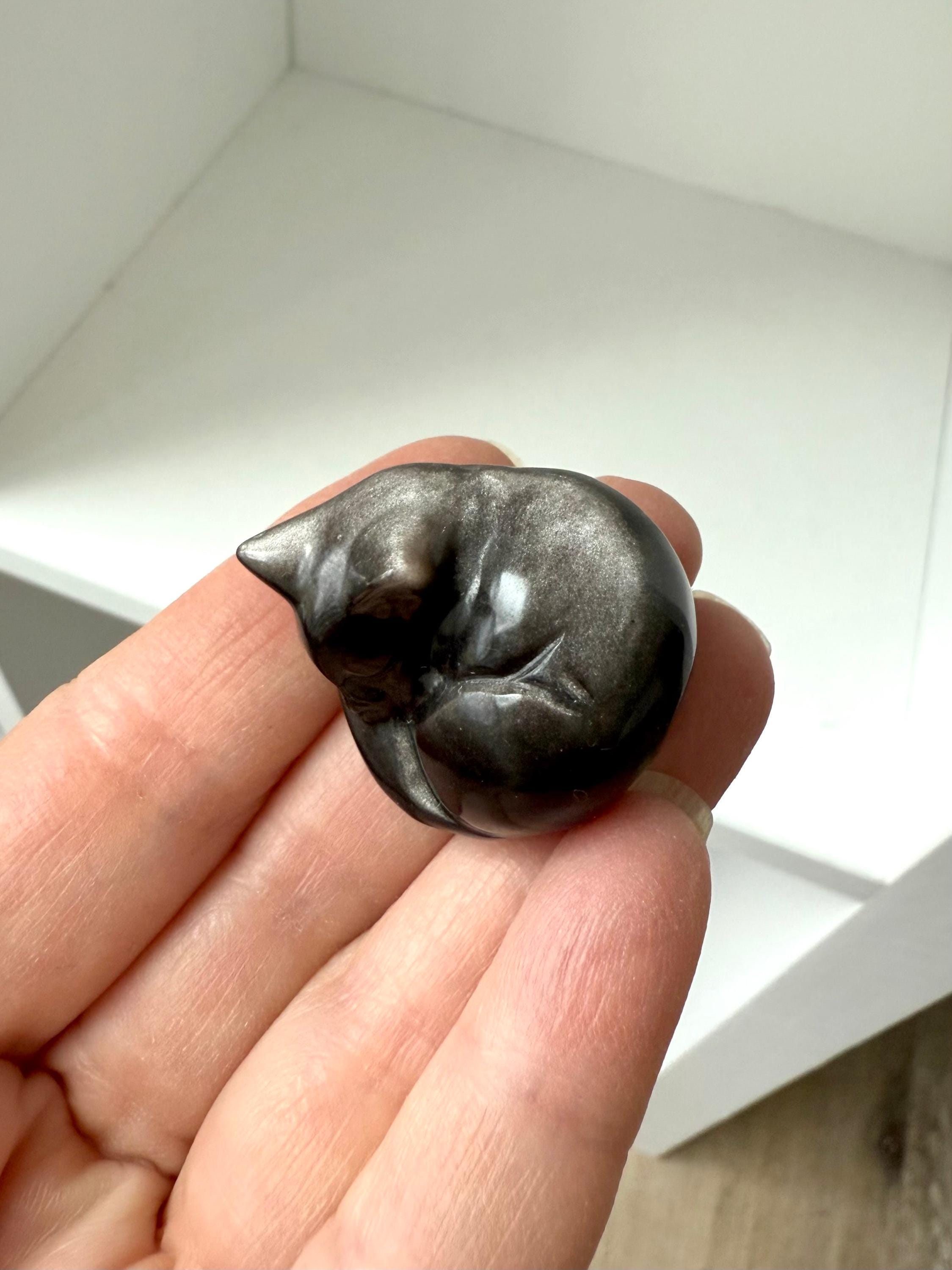 Silver Sheen Obsidian Cat for Energetic Protection, Mini Crystal Kitty ...