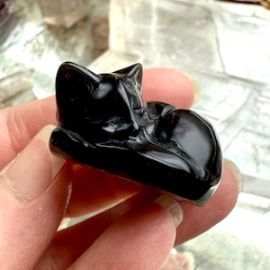 Silver Sheen Obsidian Cat for Energetic Protection, Mini Crystal Kitty ...