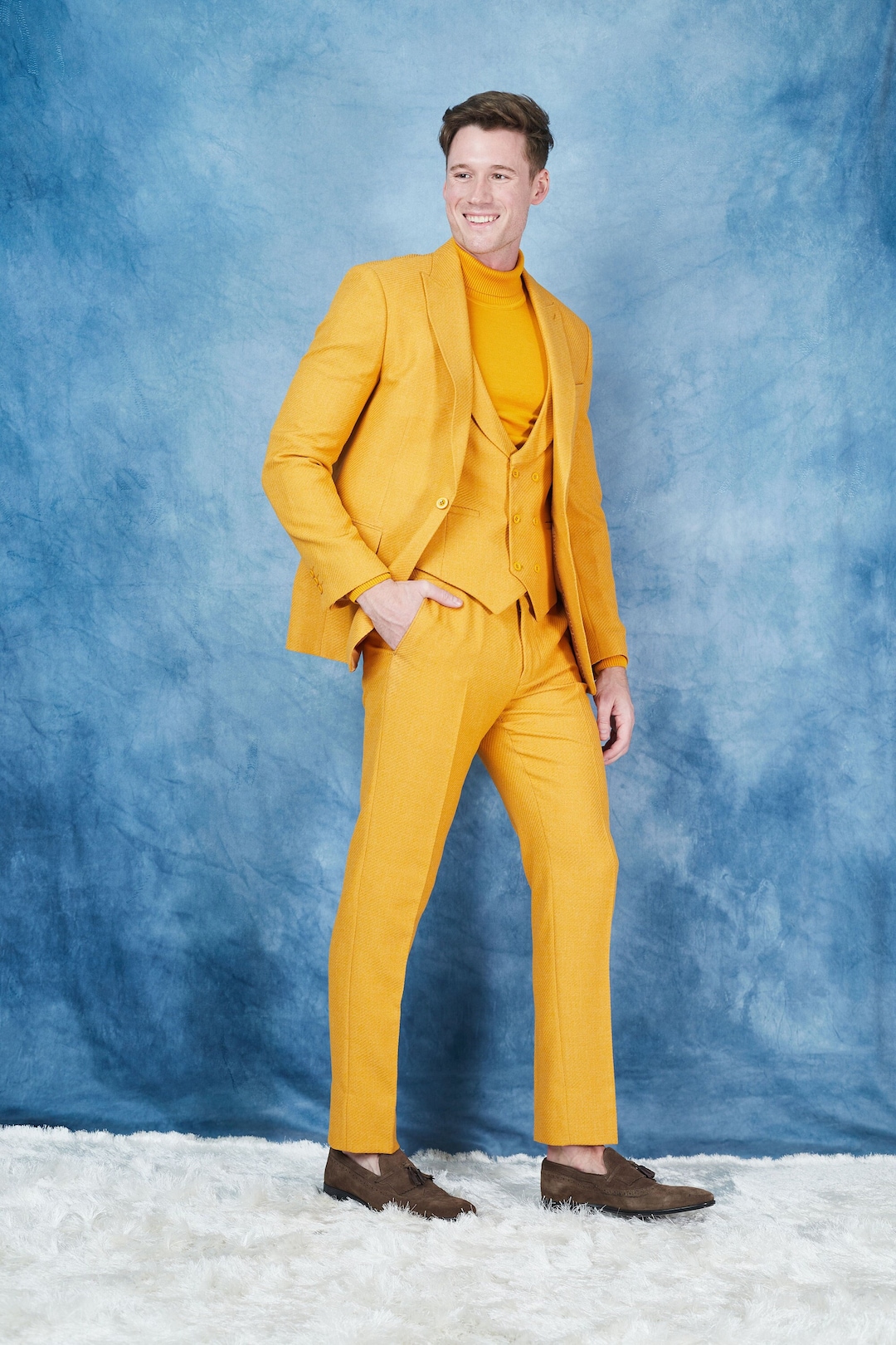 Men's 3-piece Mustard Yellow Slim Fit Suit Perfect for Weddings ...