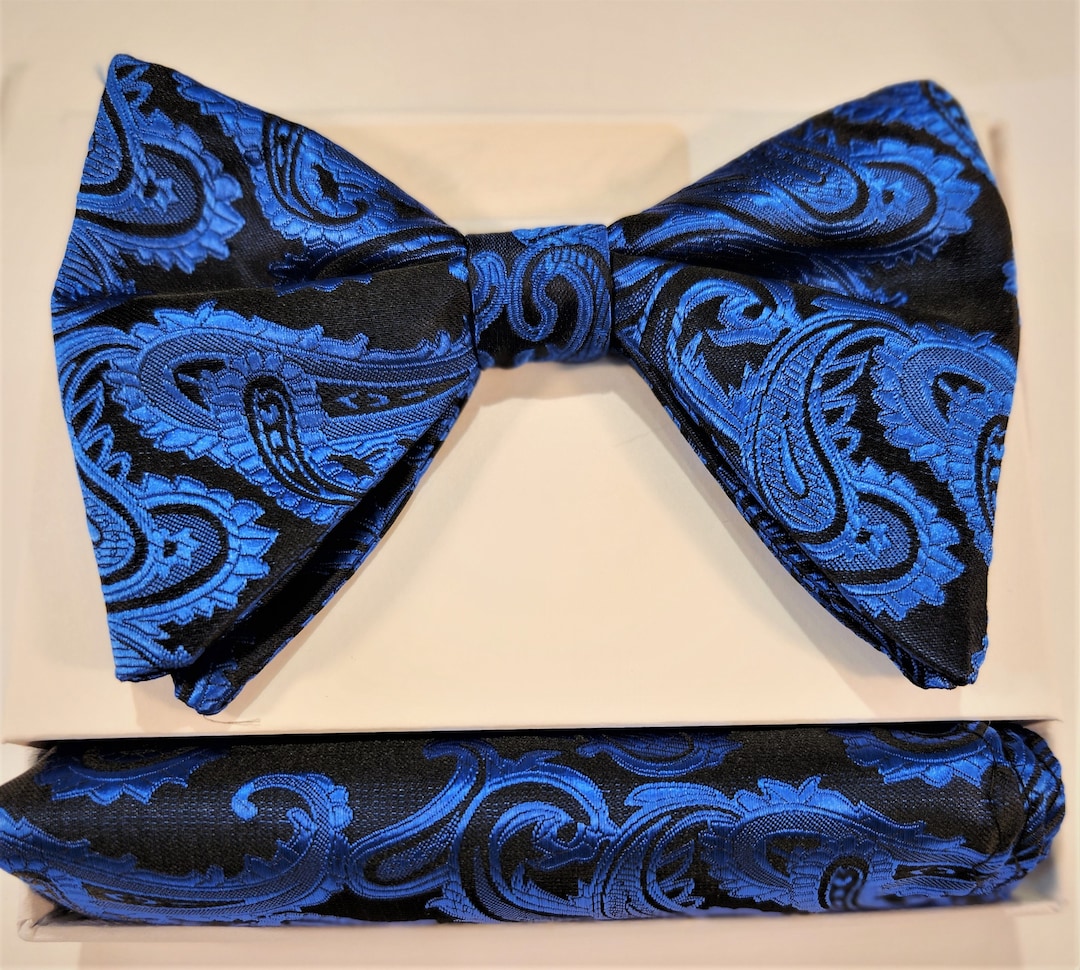 Men's Long Royal Blue Paisley Satin Bow Tie and Hanky Set - Etsy