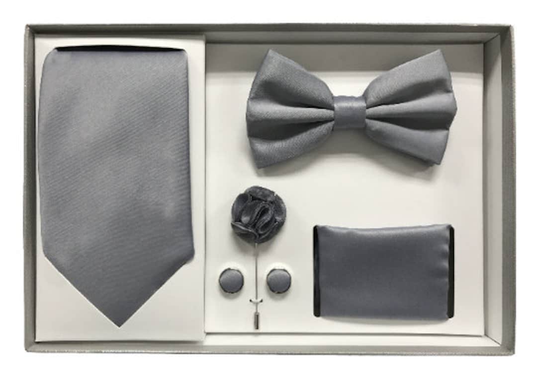 Men's Gray 5-pieces Formal Accessories Box Set (necktie, Bow Tie, Lapel ...