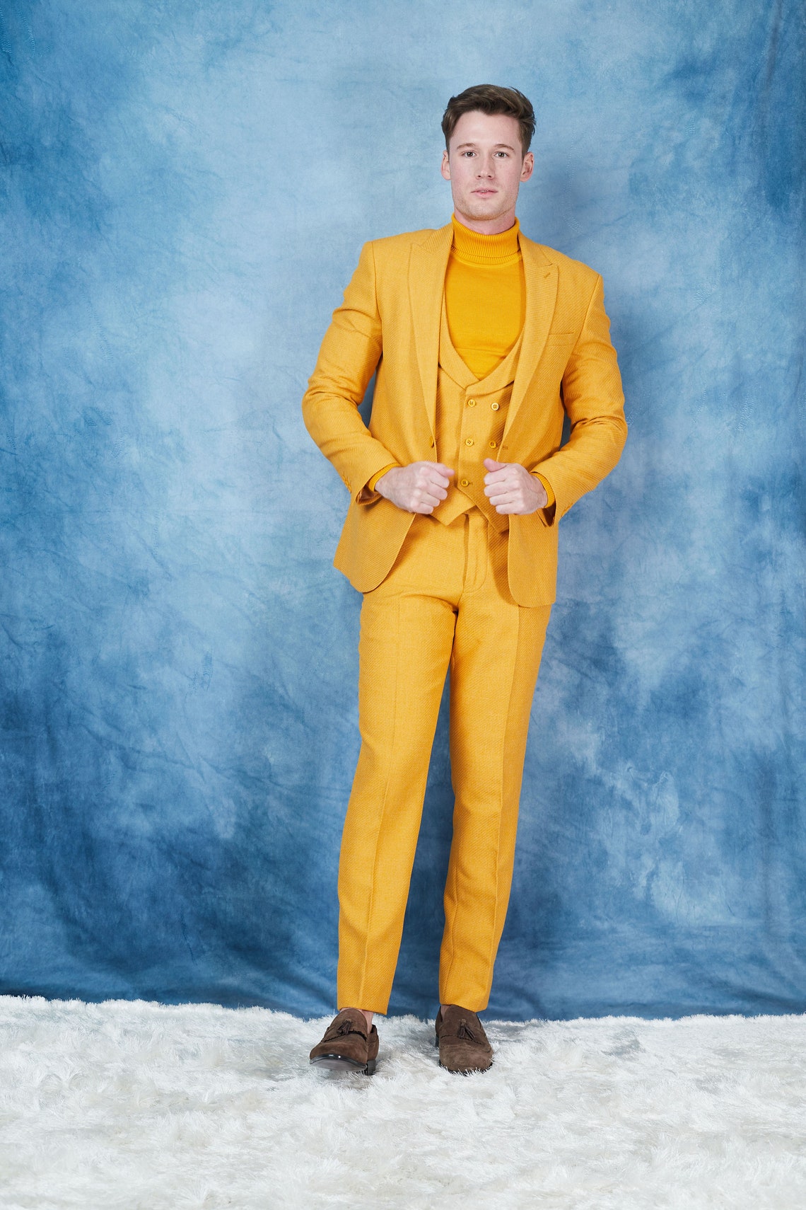 Men's 3-piece Mustard Yellow Slim Fit Suit Perfect for Weddings ...