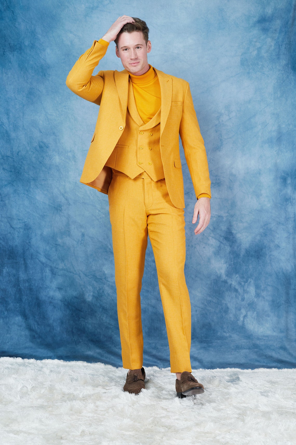 Men's 3-piece Mustard Yellow Slim Fit Suit Perfect for Weddings ...