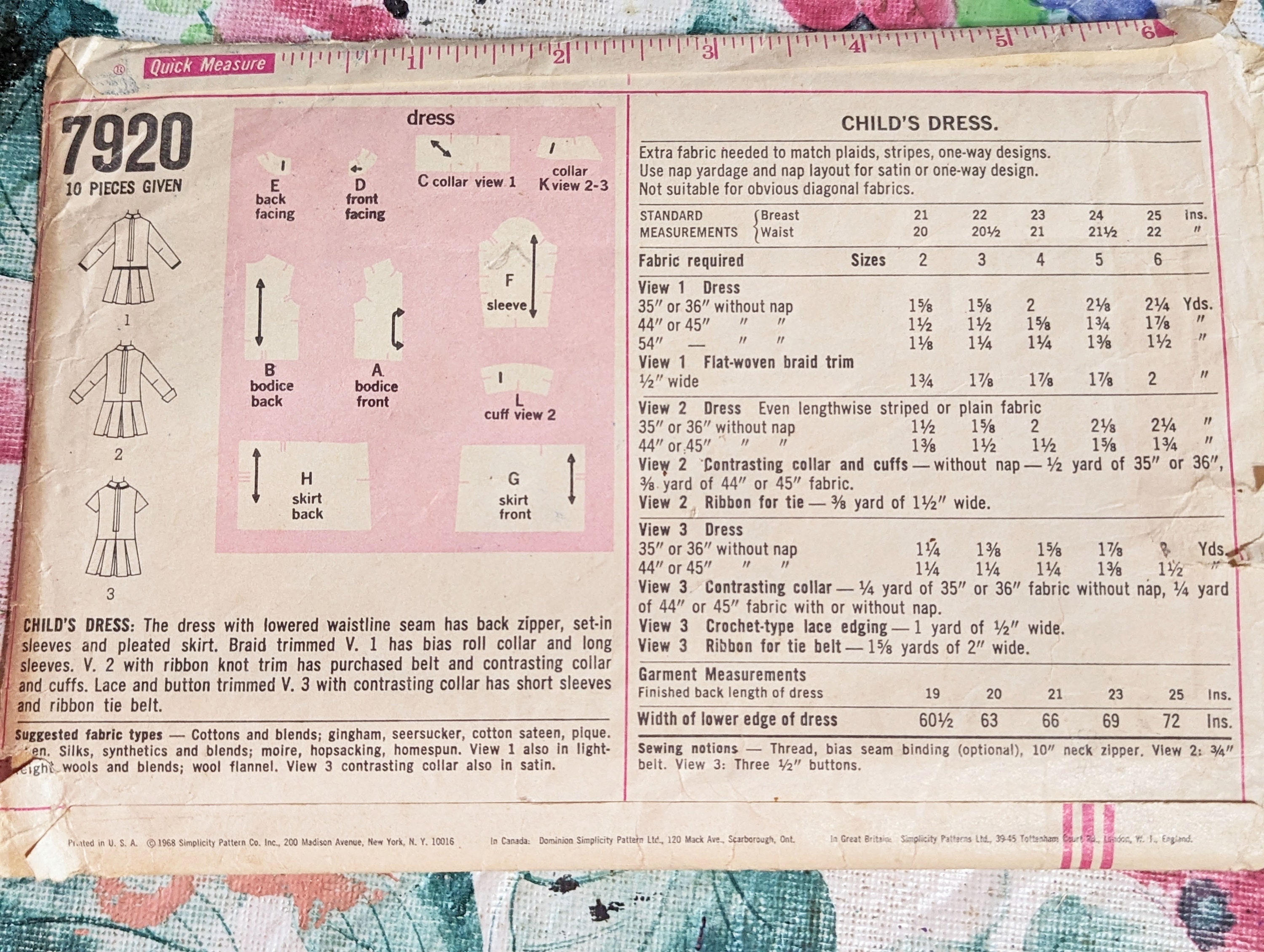 1968 Little Girls Pleated Skirt Dress Pattern Simplicity 7920 - Etsy