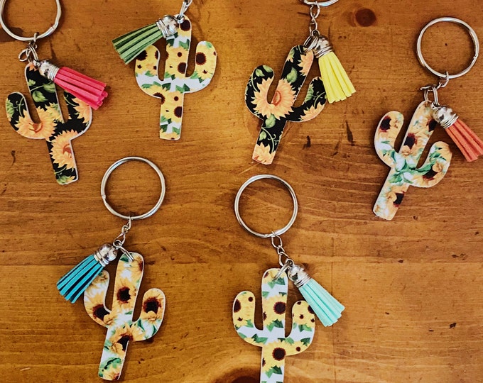 Cactus Keychain, Sunflower Keychain, Faux Leather Keychains, Keychains ...