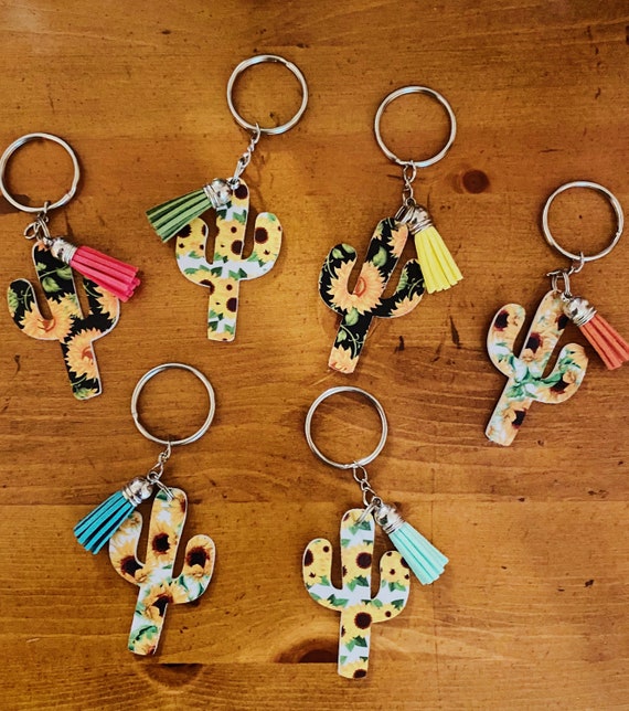 Cactus Keychain Sunflower Keychain Faux Leather Keychains | Etsy
