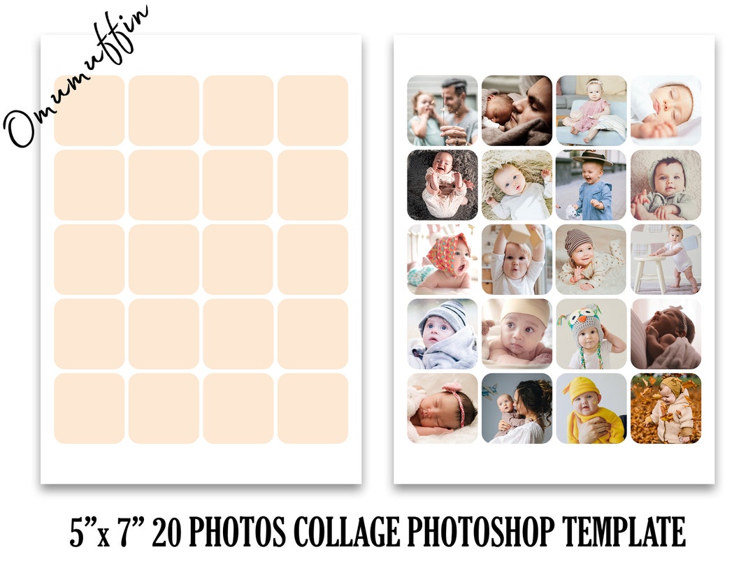 5x7 Photo Collage Template for 20 Photos, Photoshop Photo Card Collage ...