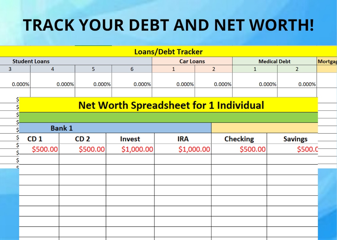 Debt Tracker and Net Worth Spreadsheet for 1 Individual - Etsy