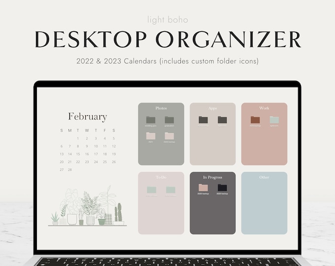 Boho Desktop Wallpaper Organizer | 2023-2024 Calendar, Folder Icons ...