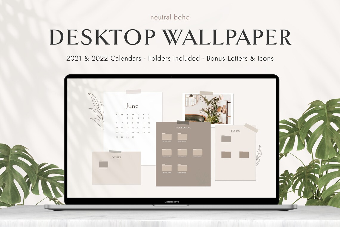 Neutral Boho Desktop Wallpaper Organizer 16 Folders 2021 & - Etsy