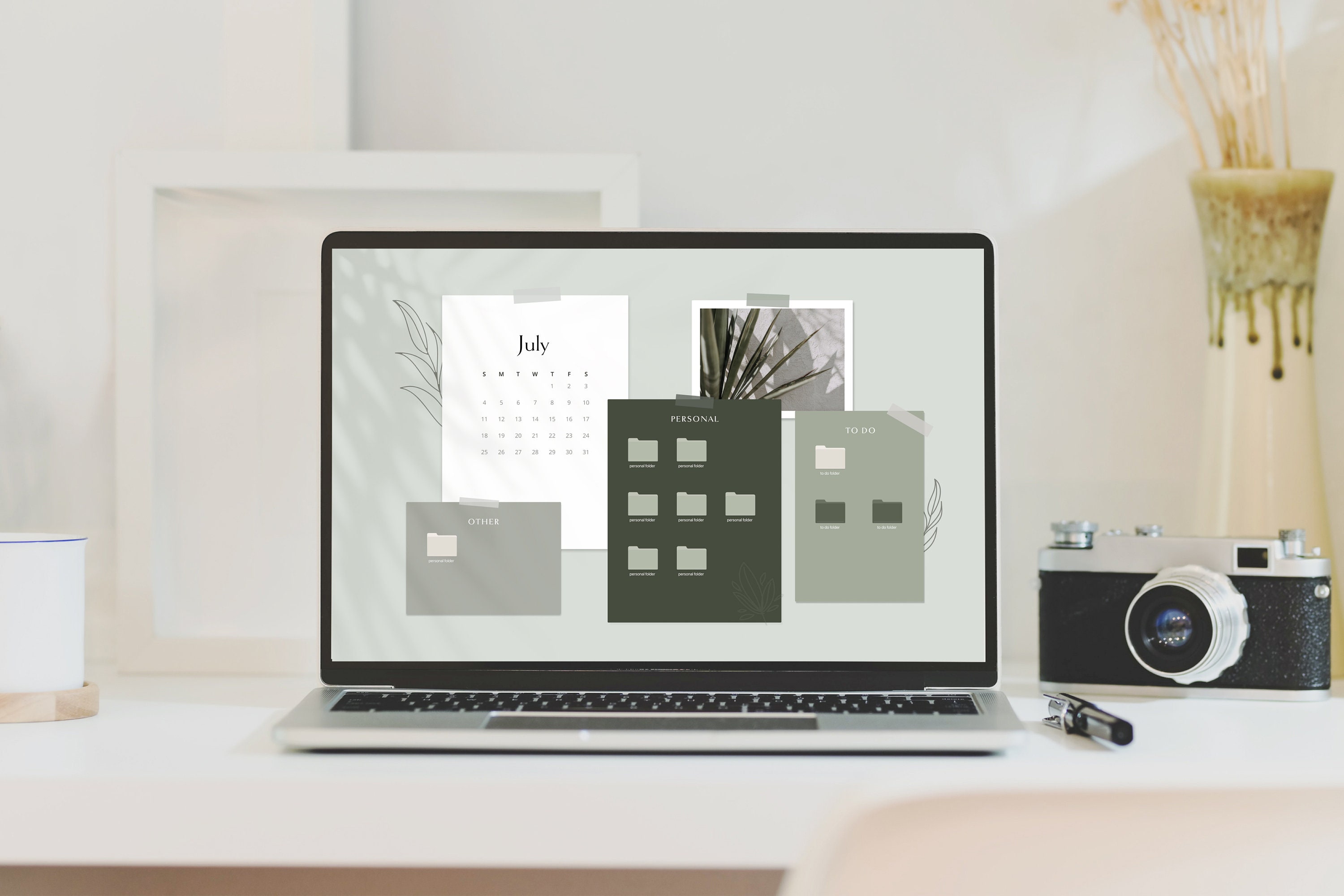 Sage Green Boho Desktop Wallpaper Organizer Includes Folders | Etsy Canada