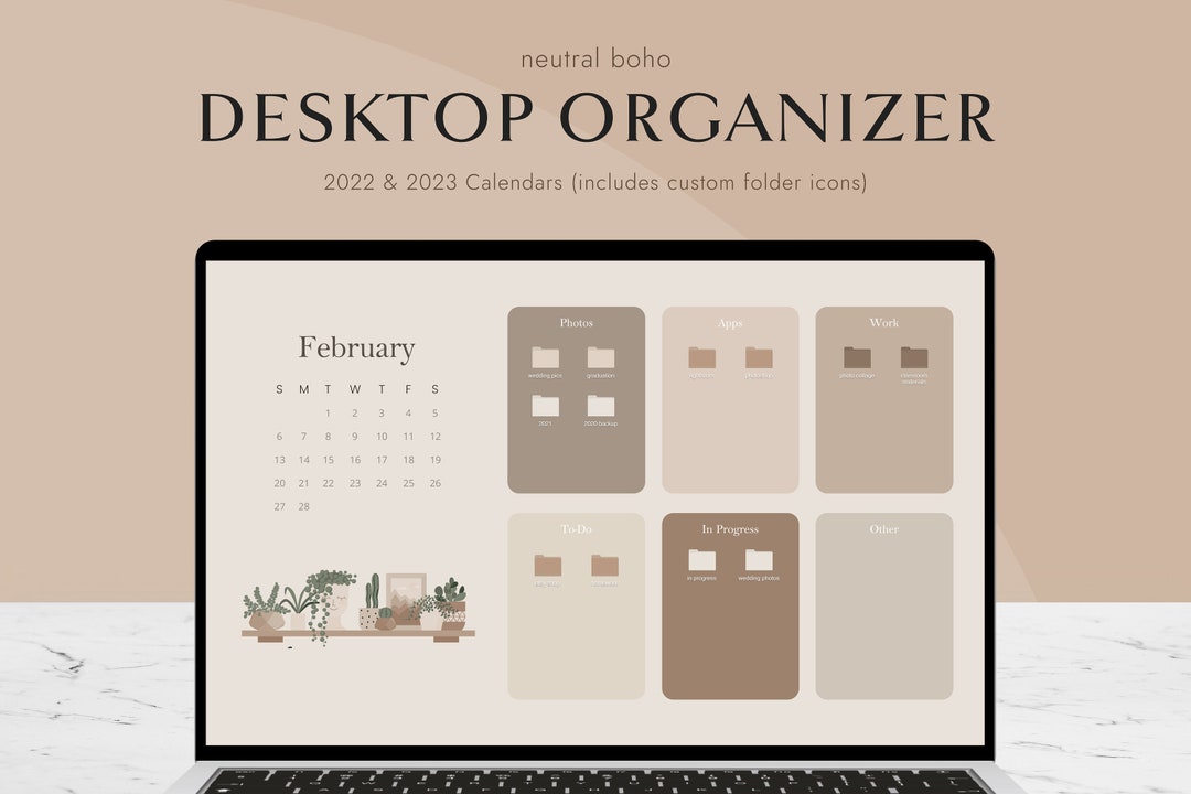 Boho Desktop Wallpaper Organizer | 2023-2024 Calendar, Folder Icons ...
