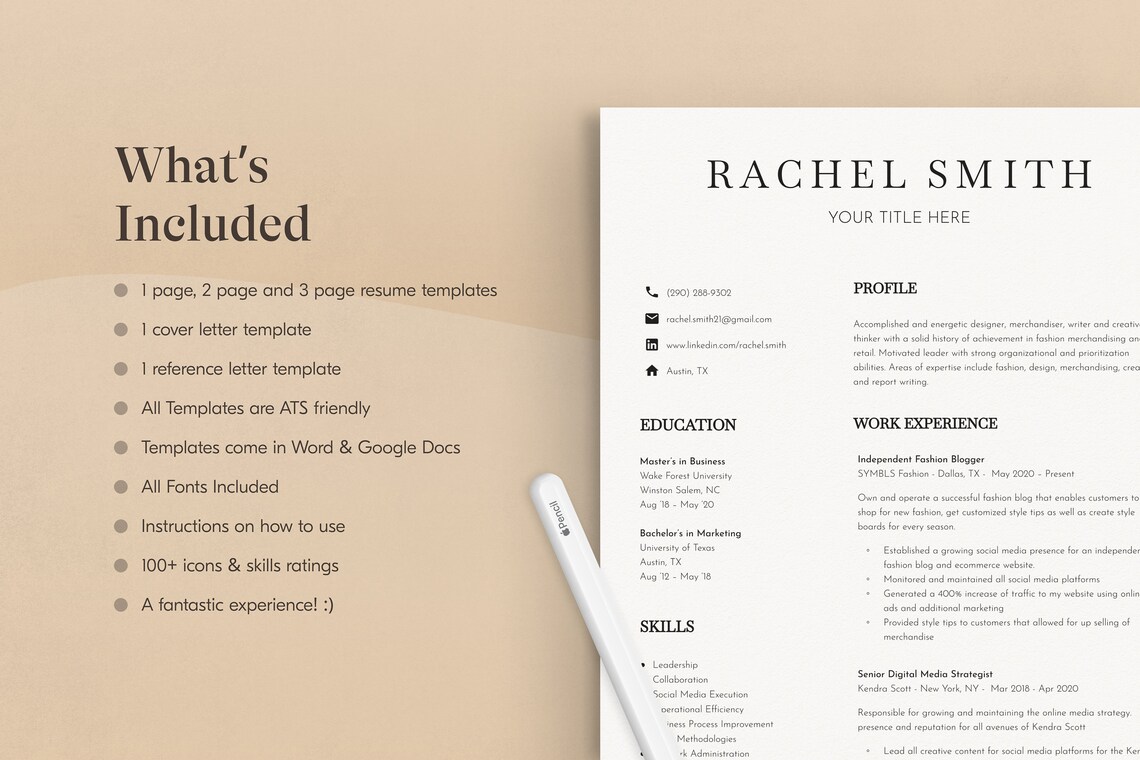 Simple Resume Template Word Google Docs Minimal Resume | Etsy