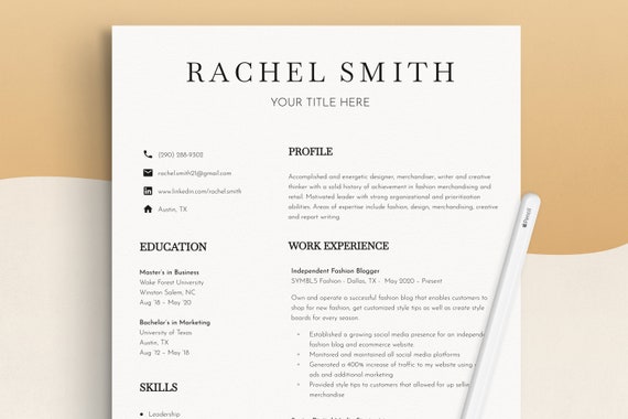 Simple Resume Template Word Google Docs Minimal Resume | Etsy