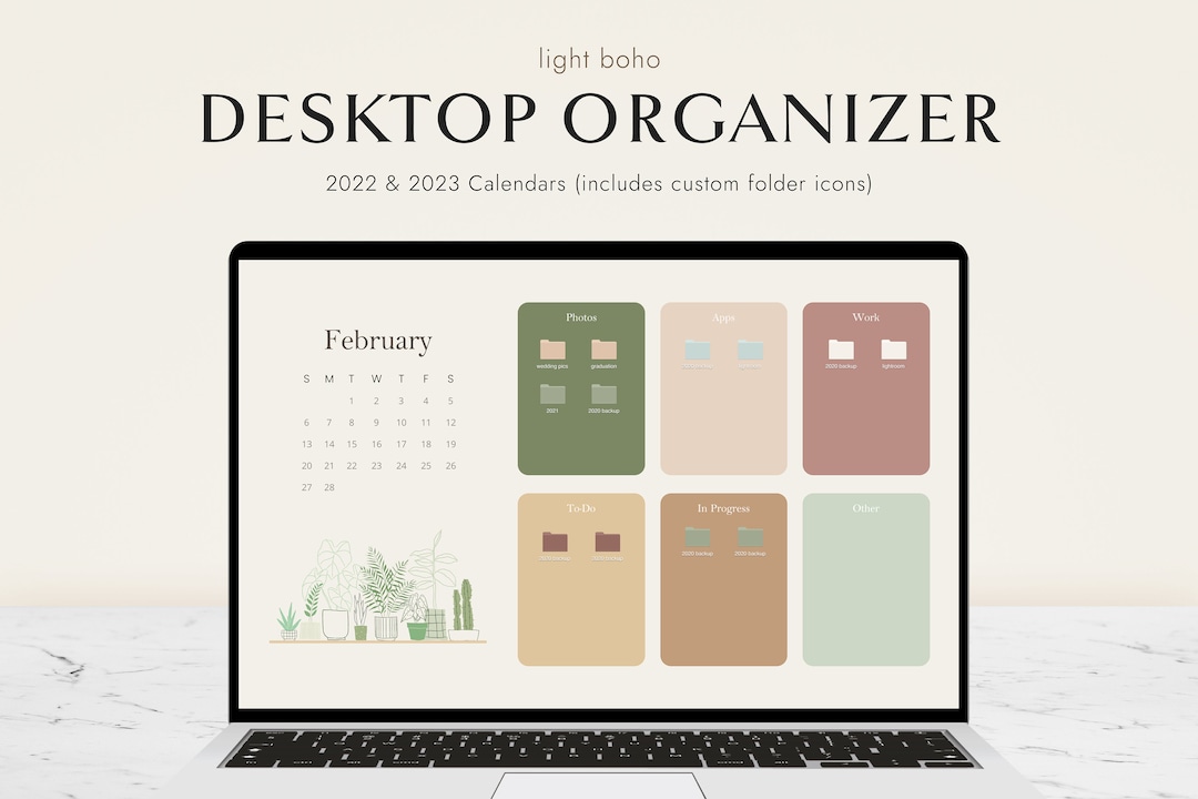 Desktop Wallpaper Organizer Light Colored Boho Plants + Folder Icons ...