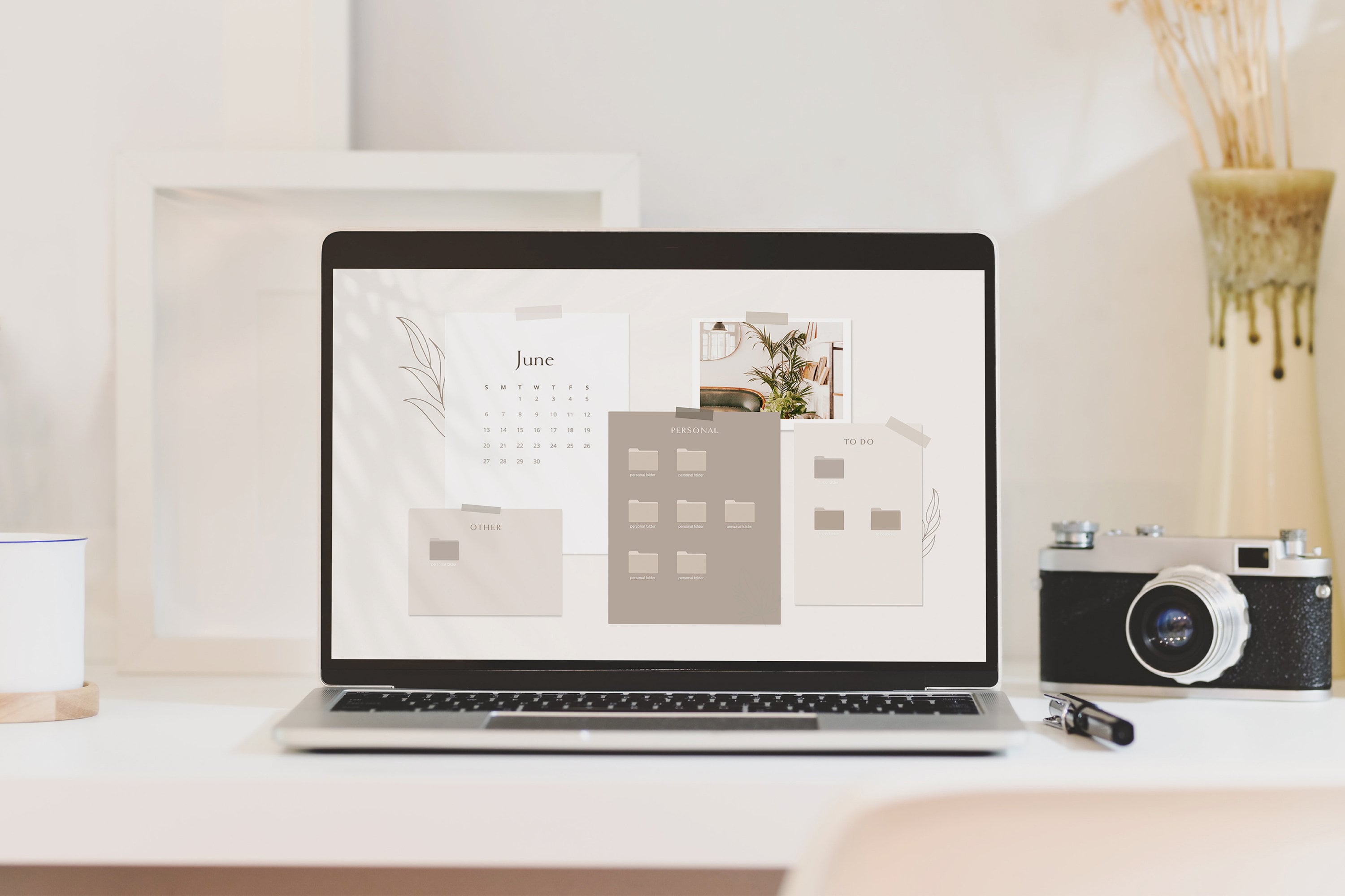 Neutral Boho Desktop Wallpaper Organizer | Calendar, Folder Icons ...